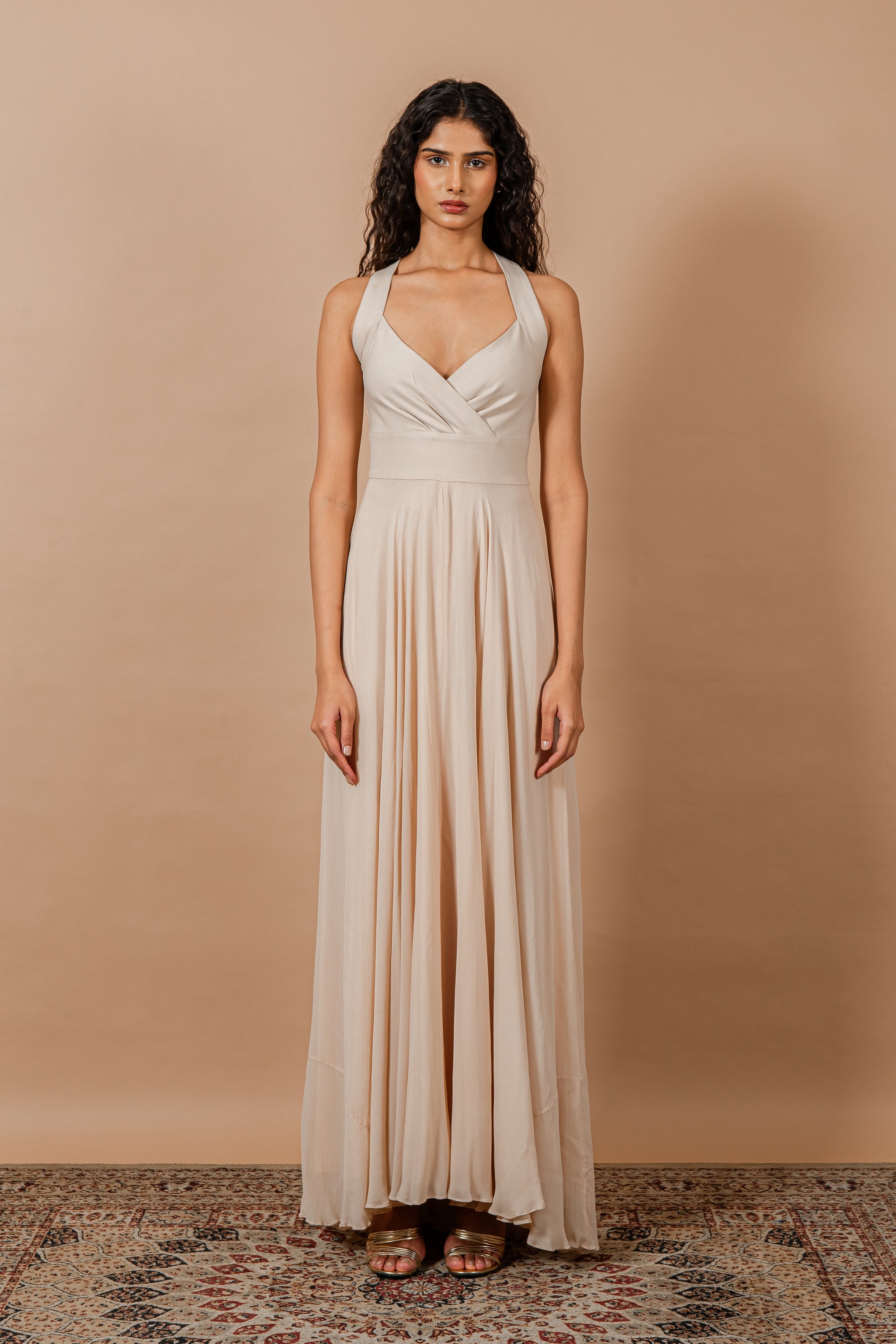 Ivy Beige Halter Neck Cross Back Sleeveless Maxi Dress